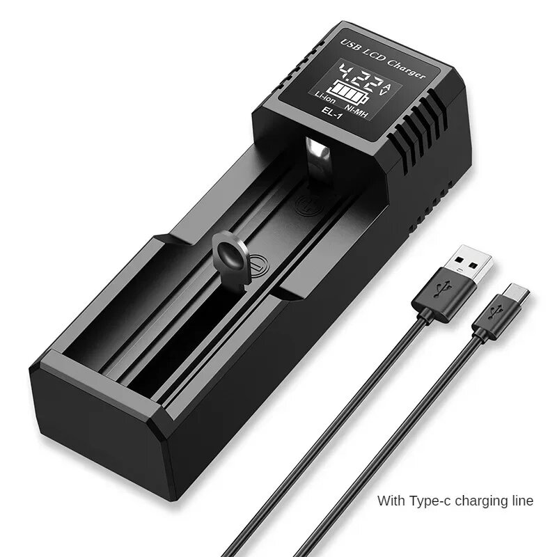 USB LCD зарядник для аккумуляторов 18650, 1 слот, черный