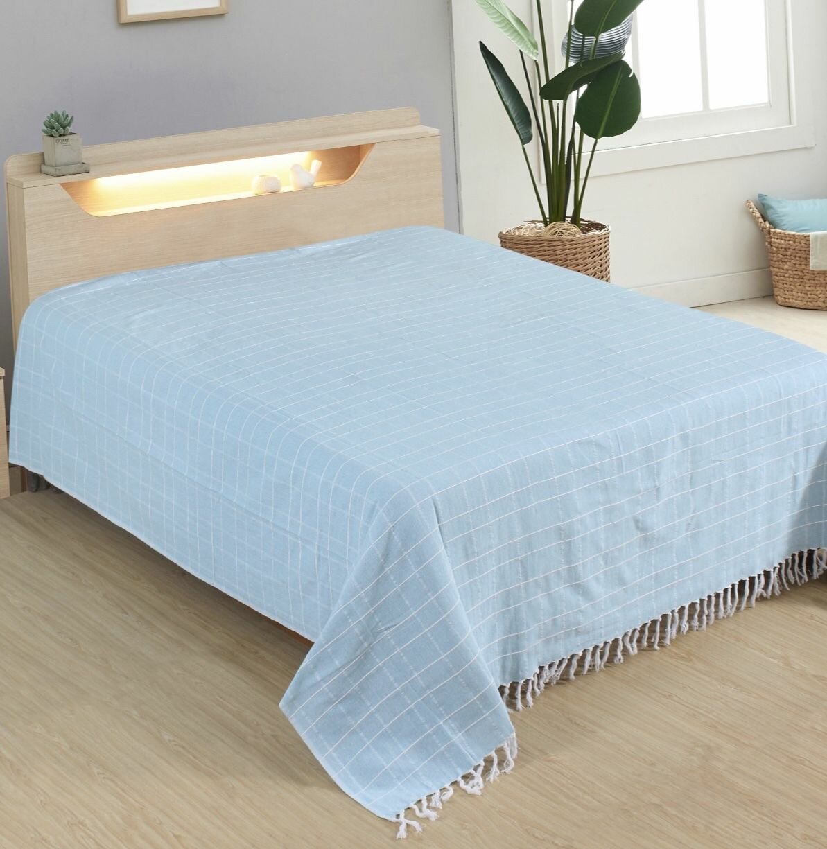 Shekhor Покрывало Индира Премиум хлопковое с бахромой Индия небесно-голубое SGP-005 225х250 см