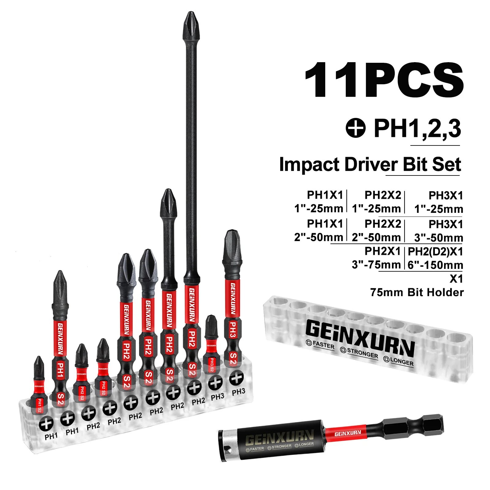 Набор магнитных крестообразных отверток Geinxurn Impact (PH1, PH2, PH3), S2, бита из легированной стали с 3-дюймовым держателем бит и основанием