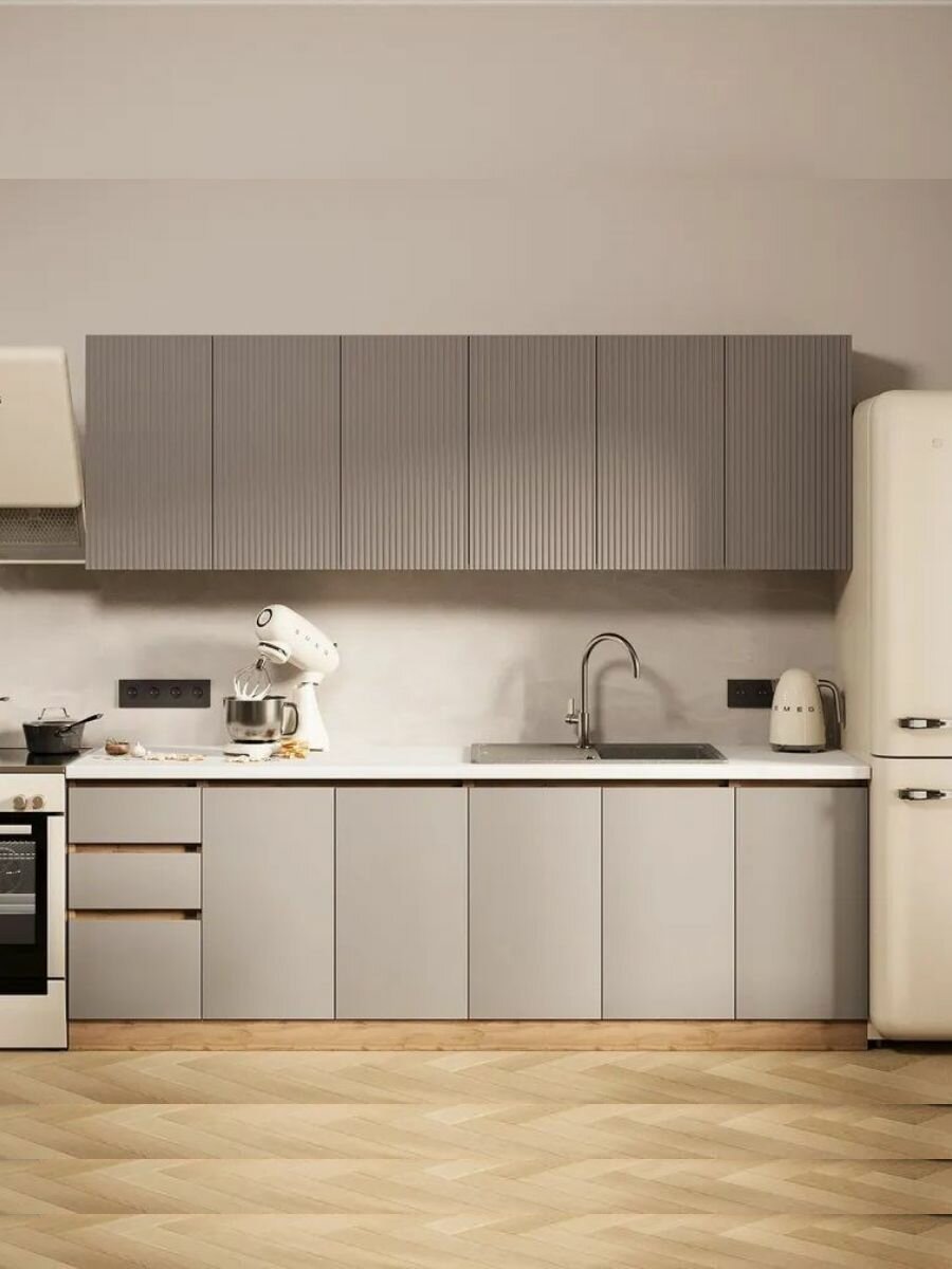 Кухонный гарнитур Игни Ника 2,4 м без столешницы 2400х2160х477, Дуб вотан/Коричневый софт/Бежевый софт