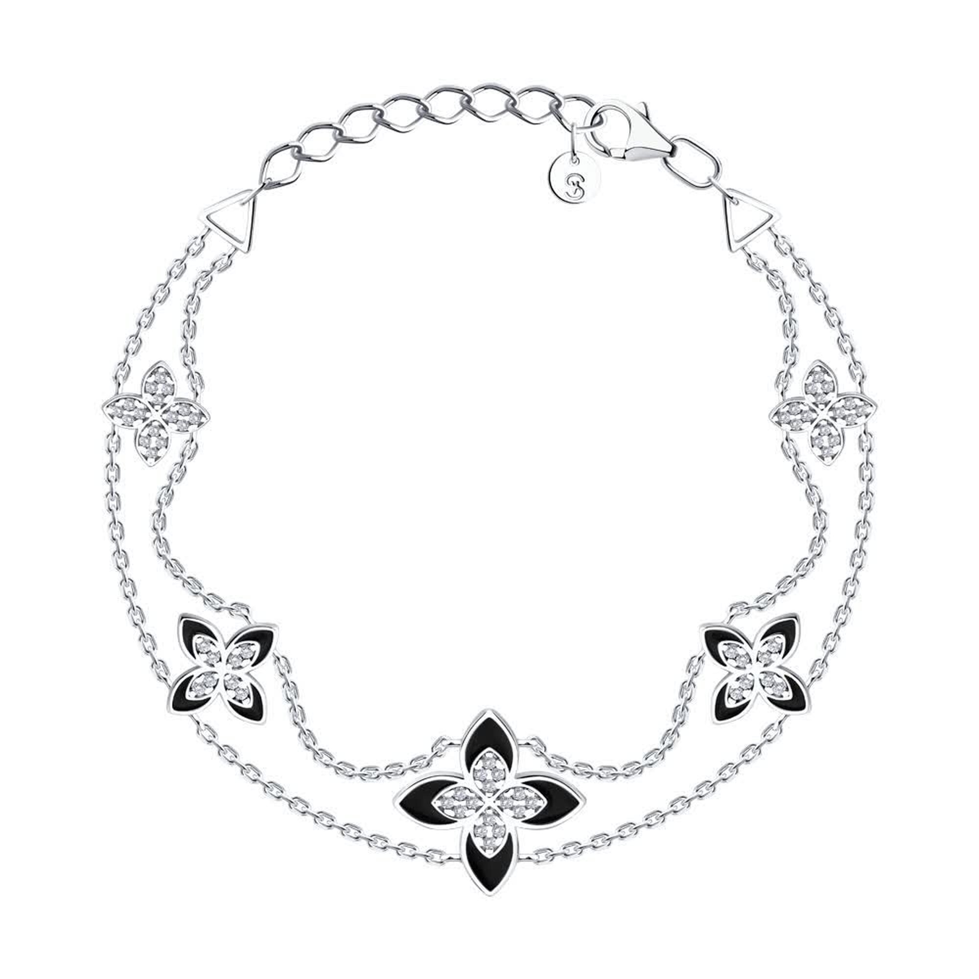 Браслет, серебро, 925 проба, родирование, фианит, эмаль