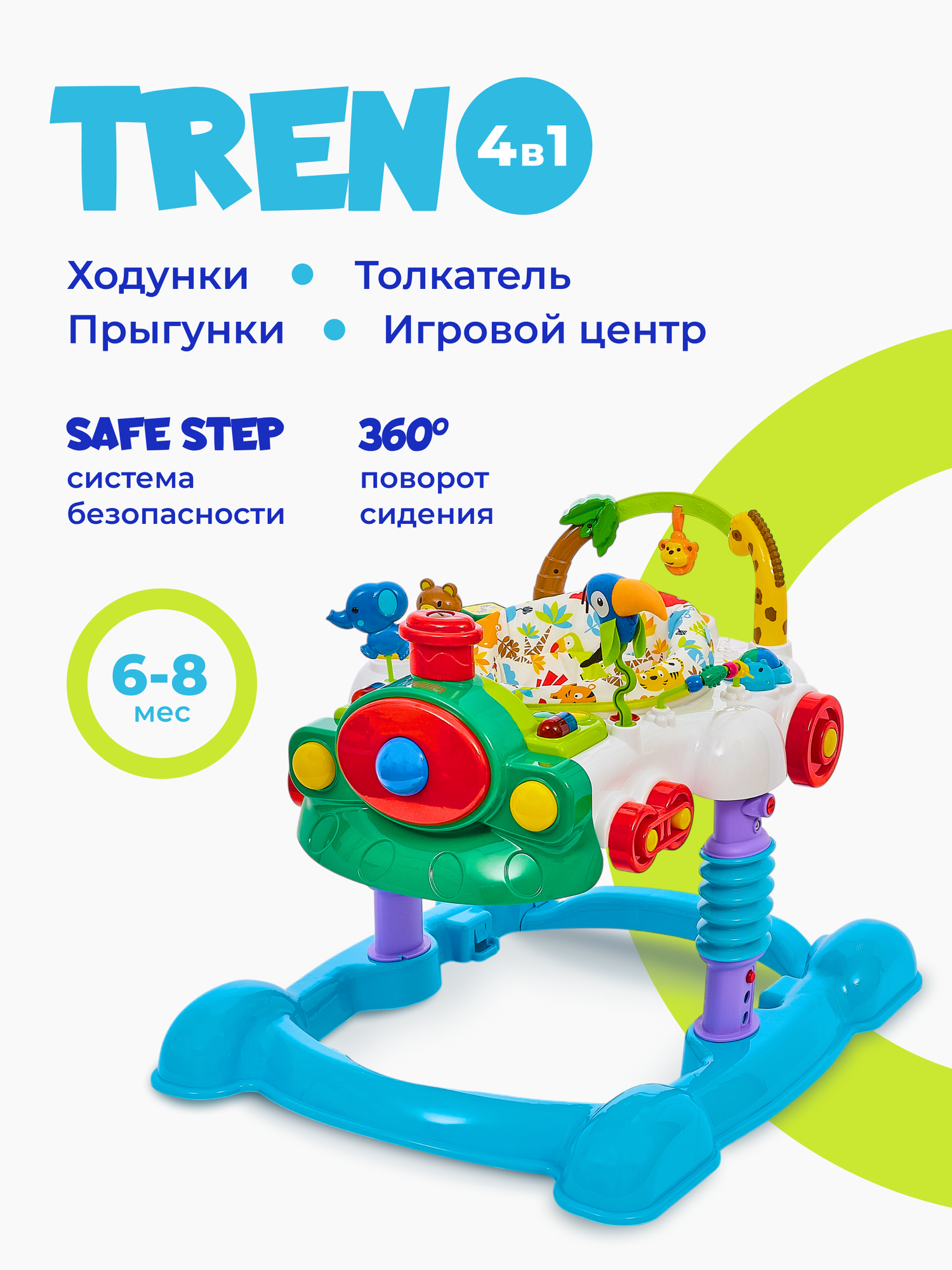 Ходунки-прыгунки Nuovita Treno 4 в 1: ходунки, прыгунки, игровой центр, толкатель (Azzurro/Голубой)