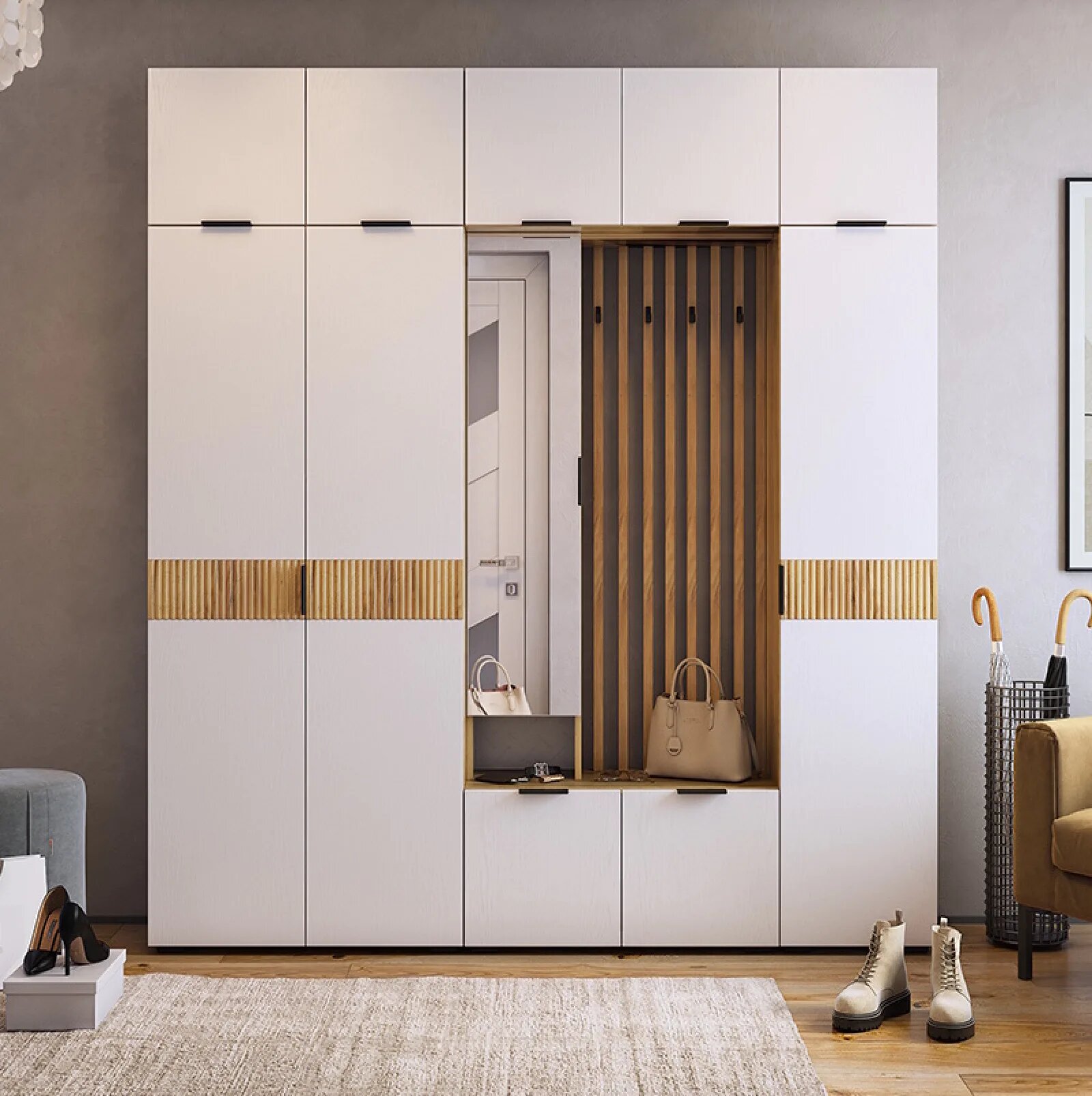 Прихожая «Бери К1», дуб крафт золотой/белое дерево (2000х350х2226)