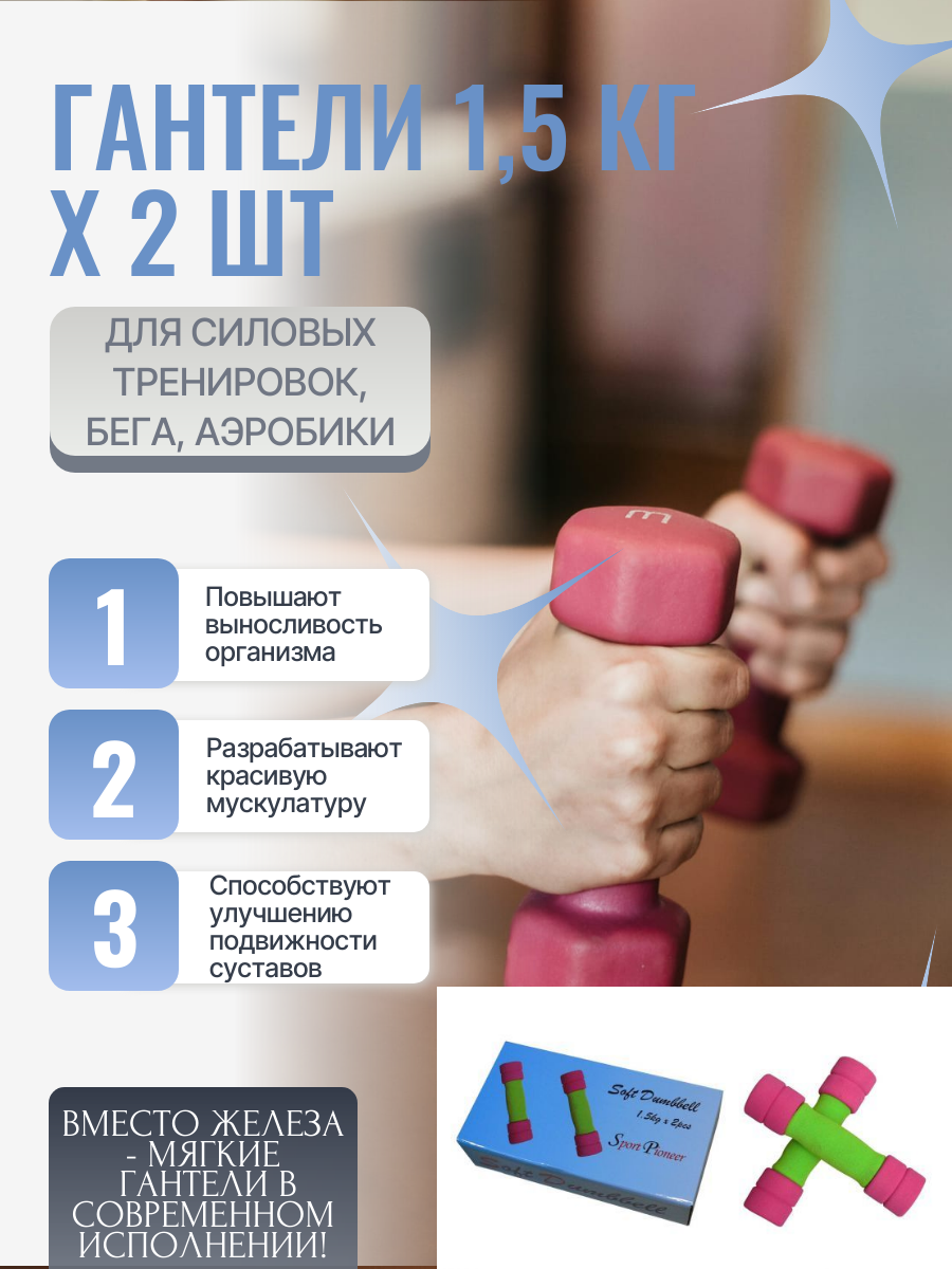 Гантели Sport Pioneer DB-28-A, неразборные, для силовых тренировок, 1.5 кг, 2 шт.
