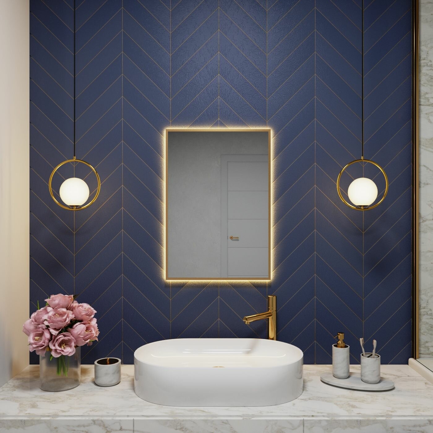 Зеркало настенное 70х40 см. BLX MIRROR с подсветкой в ванную в алюминиевой раме. Свет: Теплый белый 3000К, Золото