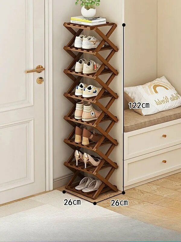 Обувница | бамбуковая, раскладная | открытая (без стенки) | 26x26x122 см | стиль минимализм | коричневый | для прихожей/дома | взрослые+дети