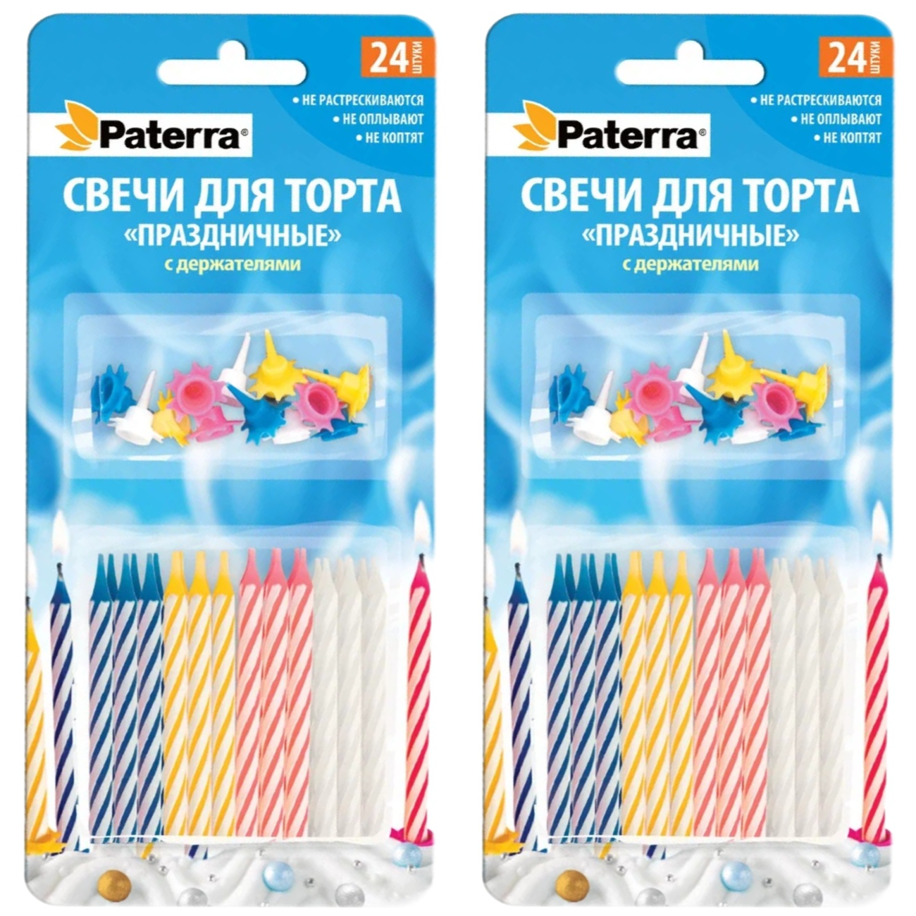 Свечи для торта Paterra праздничные, разноцветные, 24 штуки, 2 упаковки