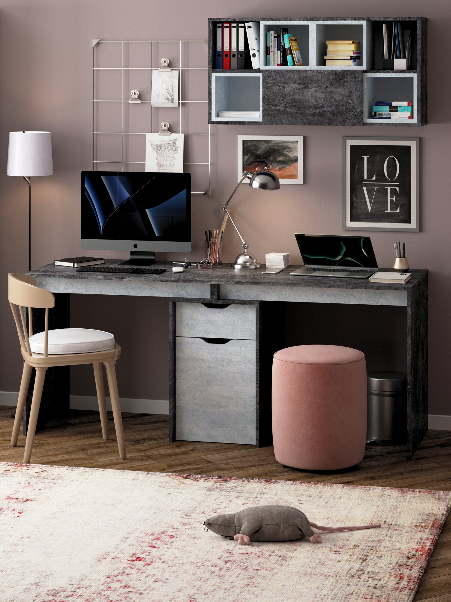 Есэндвич Grand Лаворо 6 Компьютерный стол для двоих, двойной, с тумбой 180х60х75 см (Цемент темный/Цемент светлый)