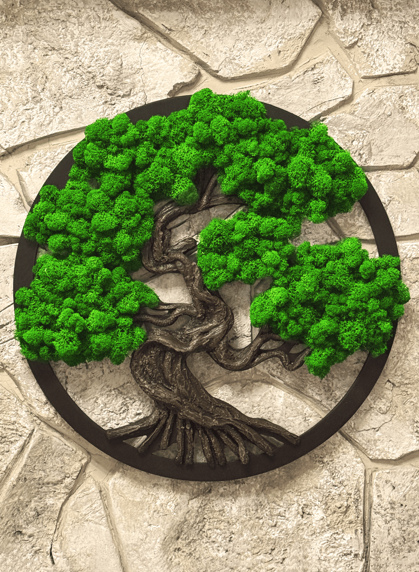 Декоративное круглое панно дерево Бонсай из стабилизированного мха зеленого цвета (Зеленое яблоко)