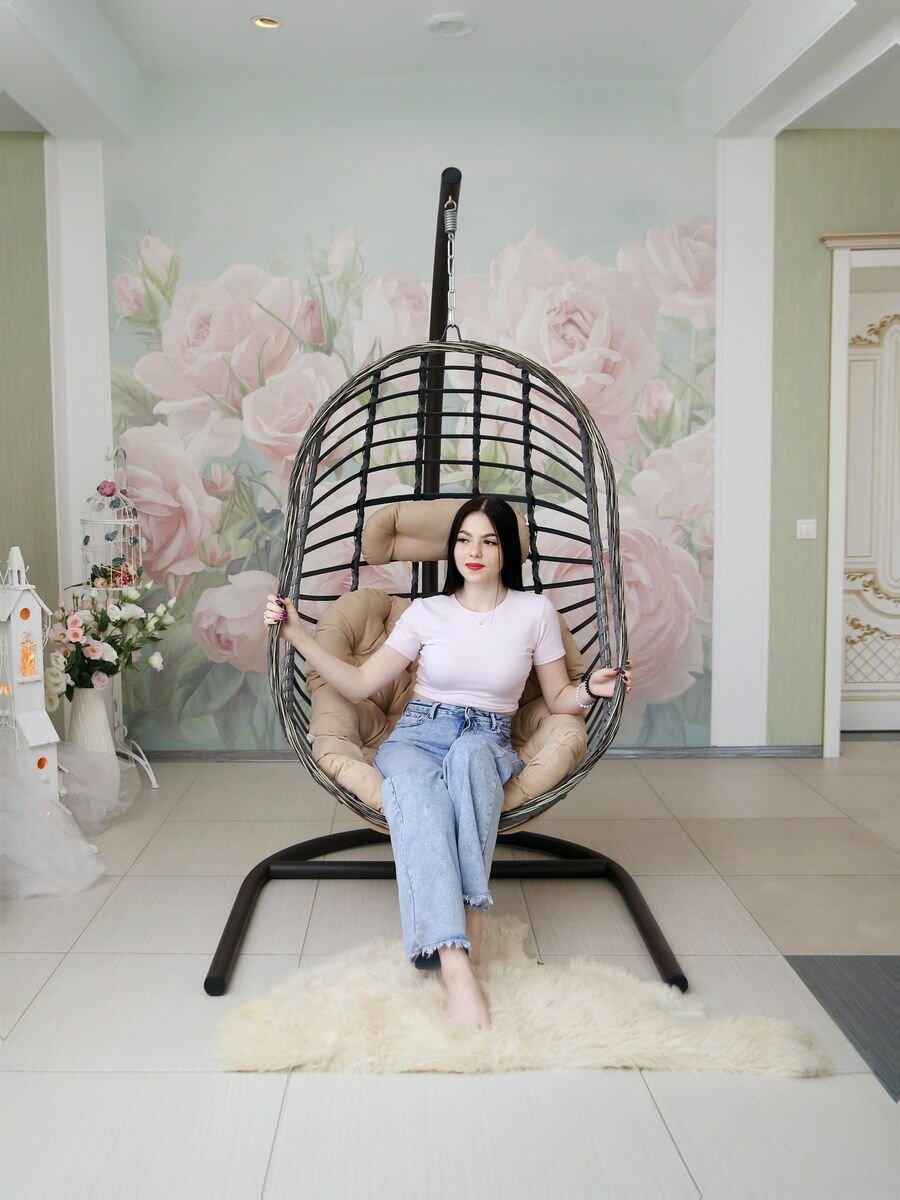 Подвесное кресло-кокон "Пальма" цвет кокона: Серый; цвет подушки: Бежевый В*Ш*Г(130*90*73)