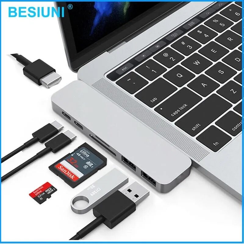Док-станция Type-C Hub на HDMI 4K Thunderbolt 3 USB C Адаптер Хаб с TF SD Слотом для MacBook Pro 13 15 16 / Air 13 2020 M1 M2