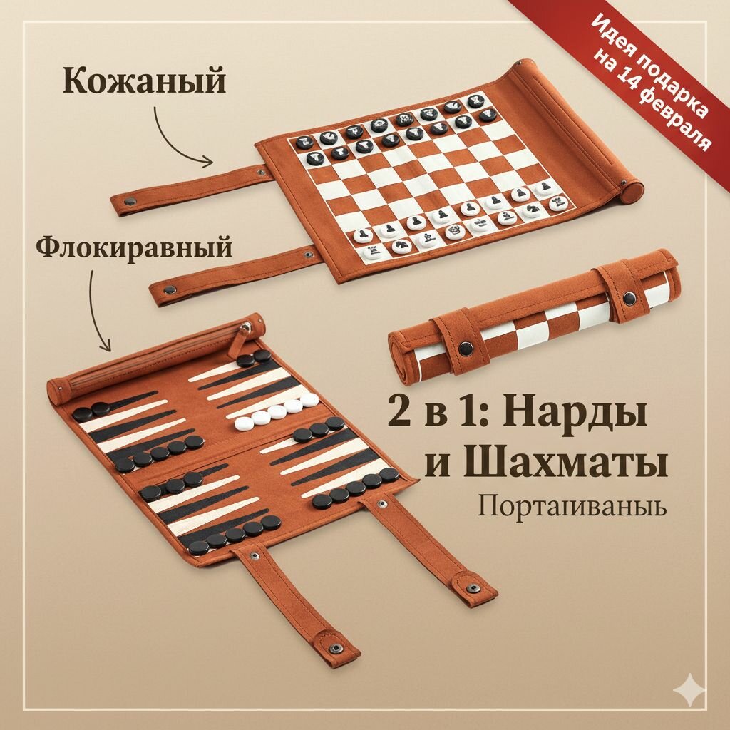 Шахматы и Нарды 2 в 1 складные из премиум-кожи, дорожный набор для настольных игр, подарочный комплект 25x25 см дорожный складной набор подарочный вариант для путешествий