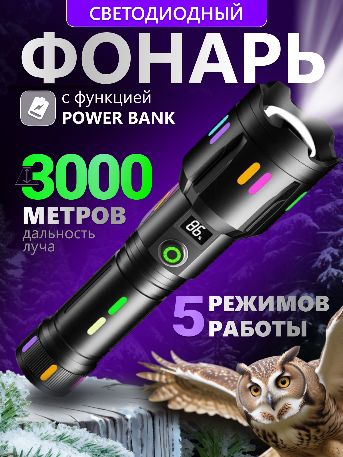 Фонарик, аккумуляторный, светодиодный, на батарейках, с зарядкой