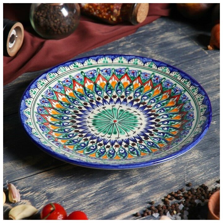 Тарелка узбекская Риштанская Керамика «Цветы», d=22 см, керамика, синяя, узор микс