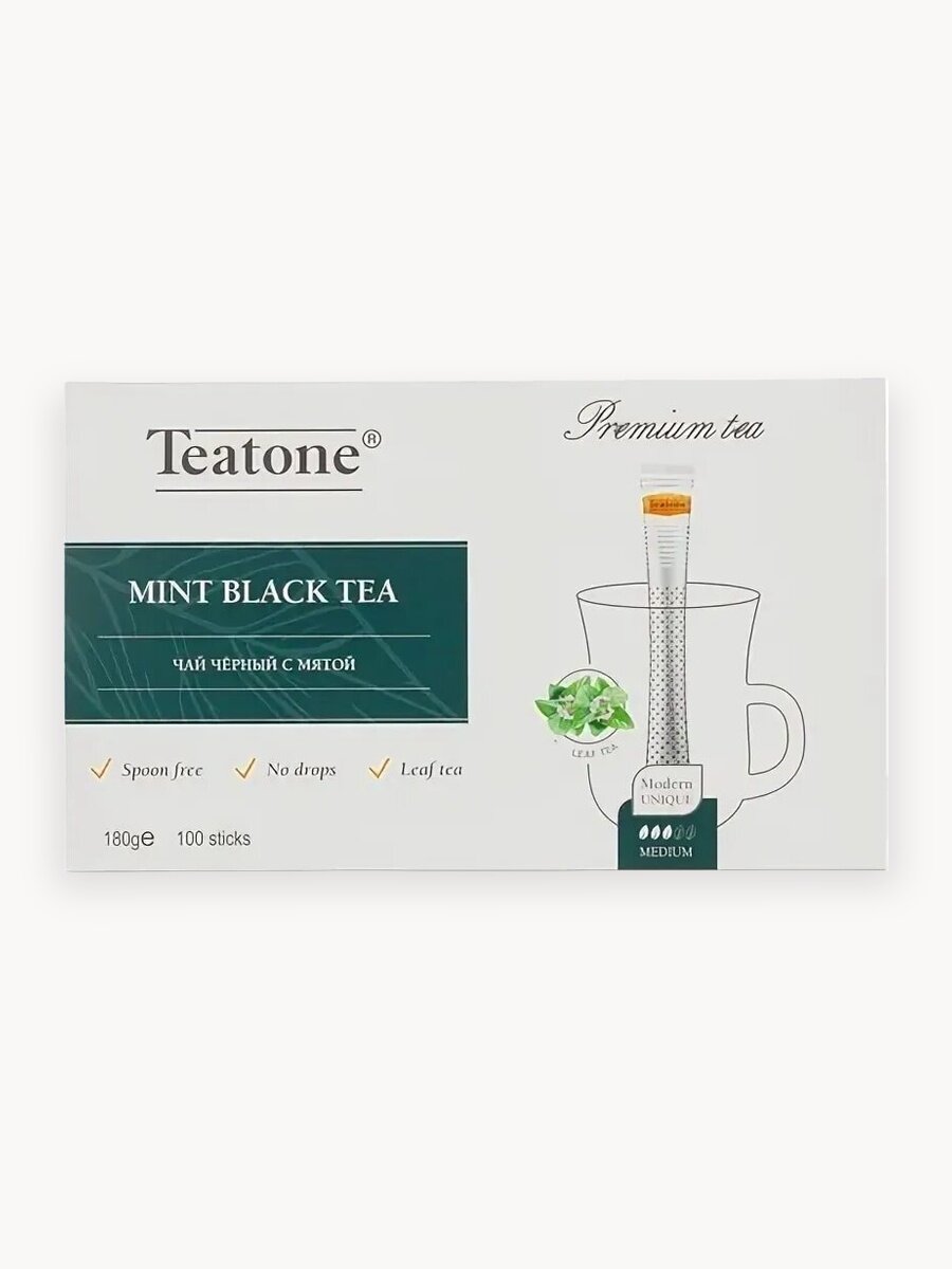 Чай чёрный с мятой, TEATONE, мелколистовой, в стиках, (100 стиков *1,8г)