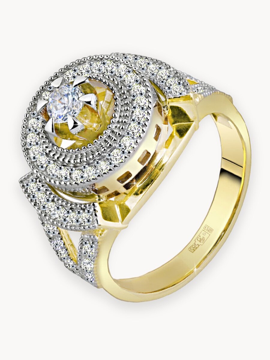 Перстень, комбинированное золото, 585 проба, родирование, бриллиант