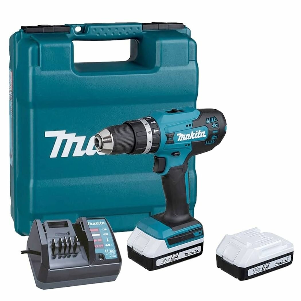 Аккумуляторная дрель-шуруповерт Makita HP488D002, 2 скорости, быстрозажимной патрон, 16+1 настроек крутящего момента, 2 аккумулятора 1.5 А*ч и удобный чемодан для хранения