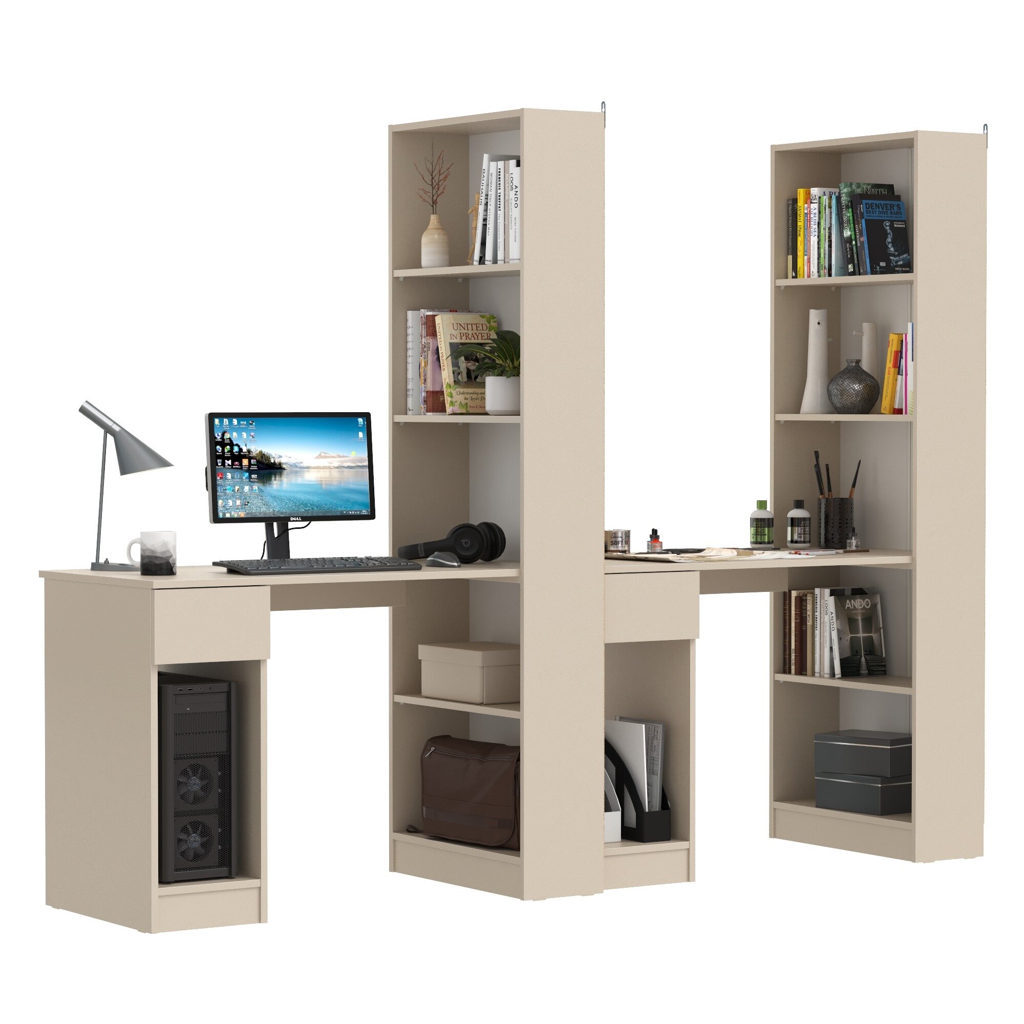 Два компьютерных стола со стеллажом Mobi Лайт 10.01 сатин, (ШхГхВ) 230,6х58х179 см