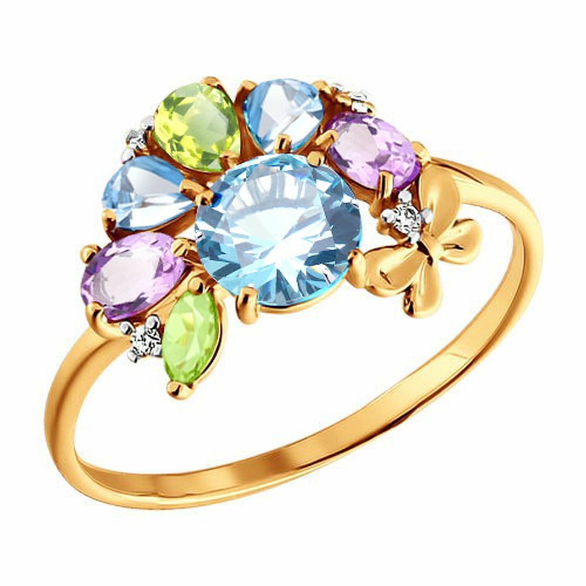 Кольцо, красное золото, 585 проба, аметист, топаз, фианит, хризолит