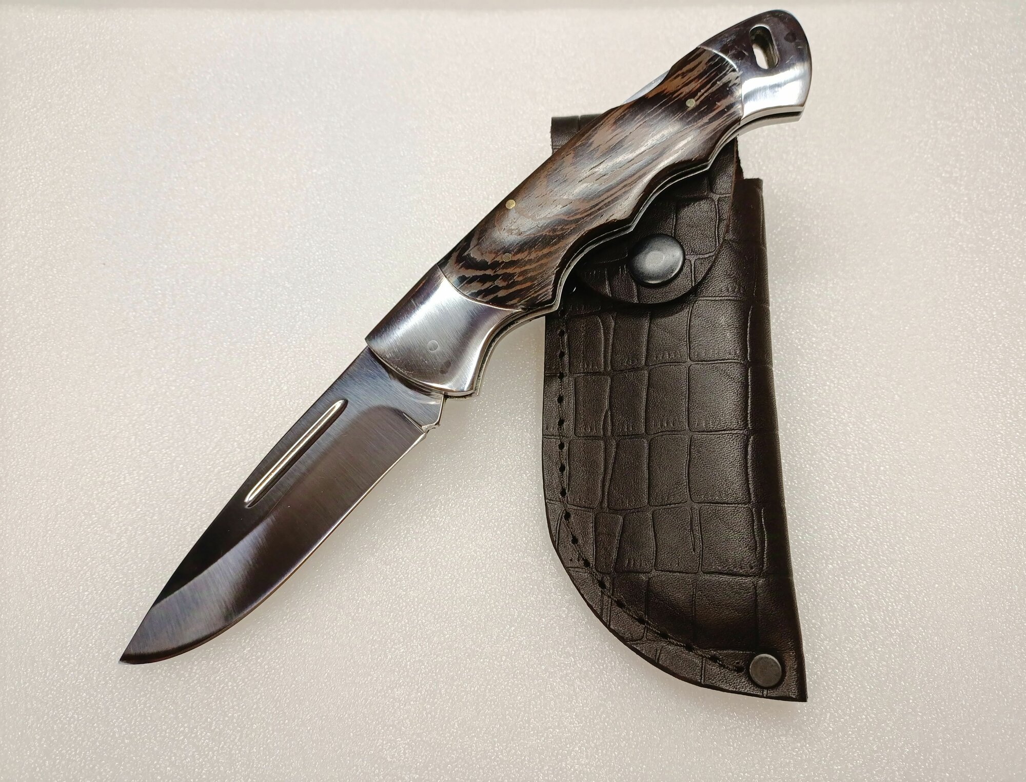 Нож складной Боец сталь 65x13 длина 24см ручная работа ножны натуральная кожа в комплекте