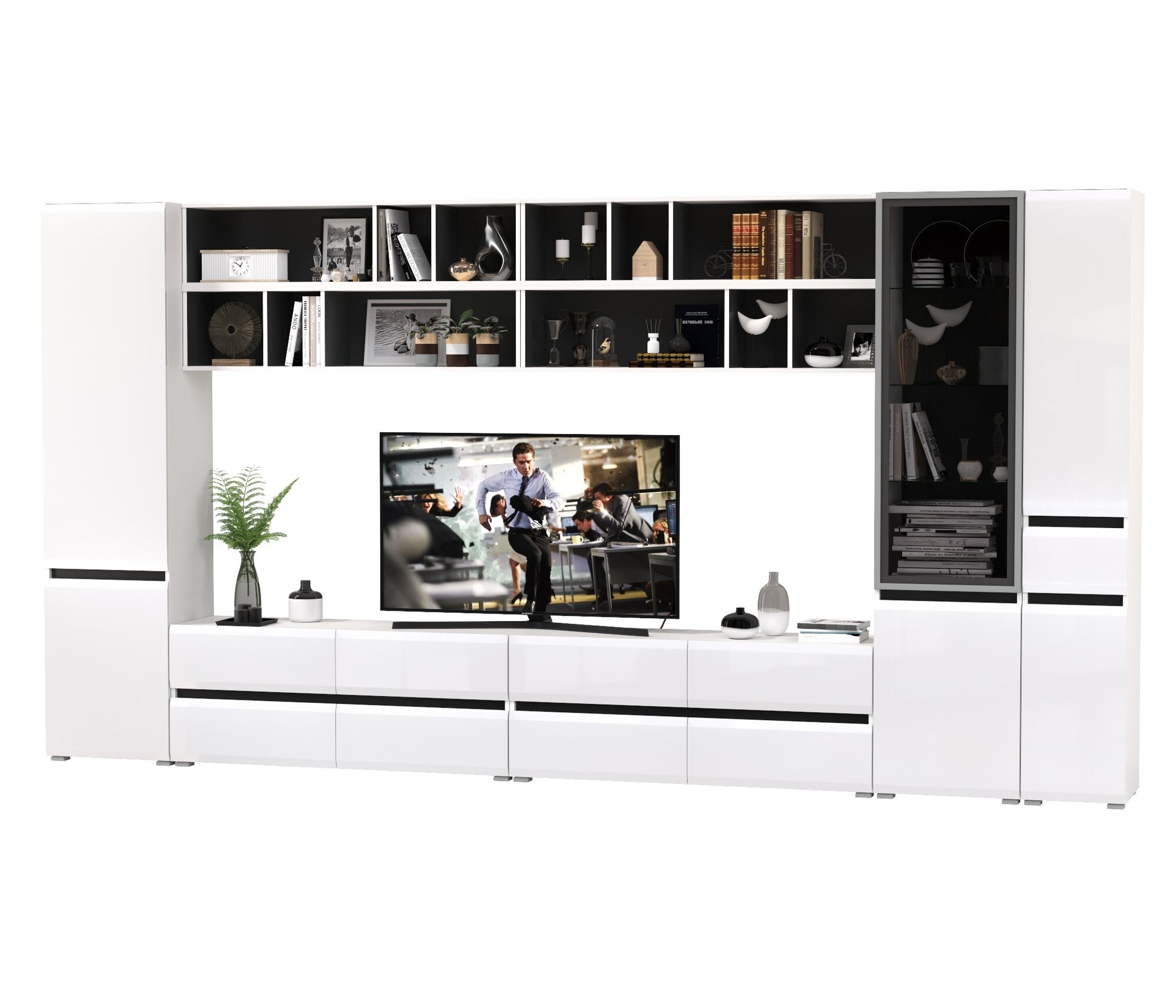 Мебель в гостиную Моби Сидней № 88, цвет белый/чёрный/МДФ белый глянец, 395х41,3х205,2 см.