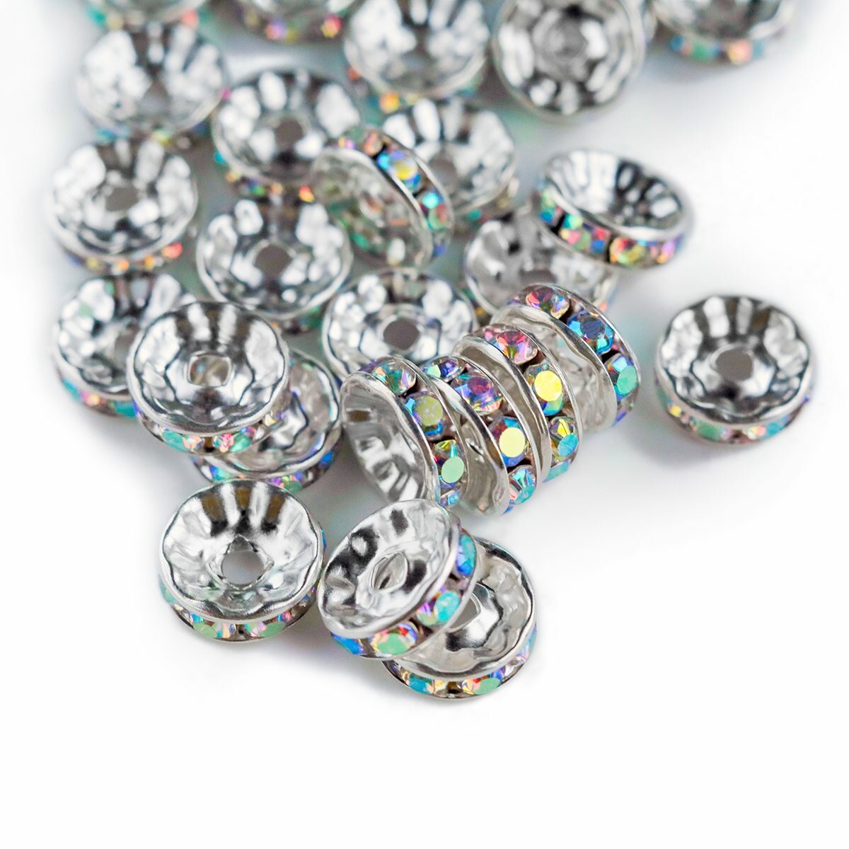 Разделитель со стразами 30 шт. / рондель спейсер, цвет платина/Crystal AB, 10 мм
