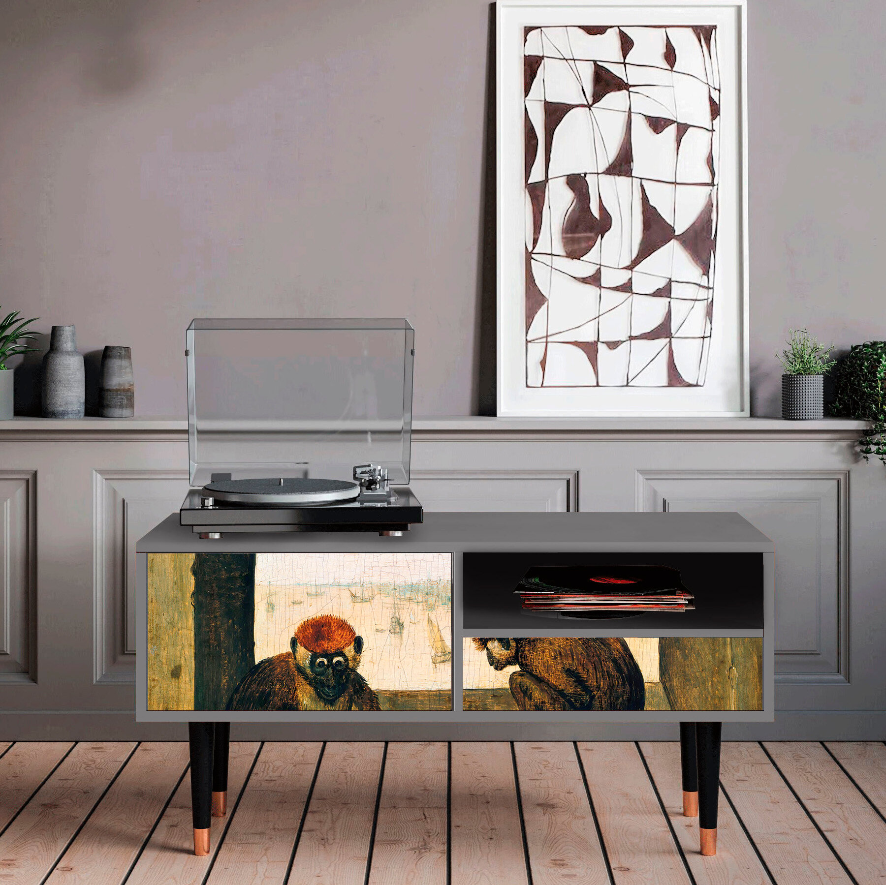 ТВ-Тумба - STORYZ - T3 Two Monkeys by Pieter Bruegel the Elder, Размер - 115 x 59 x 48 см, Цвет корпуса - , Серый