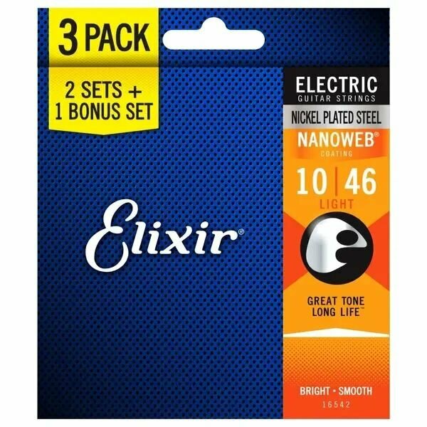 Струны для электрогитары 10-46 ELIXIR 16542 NANOWEB LIGHT 3 SetPack