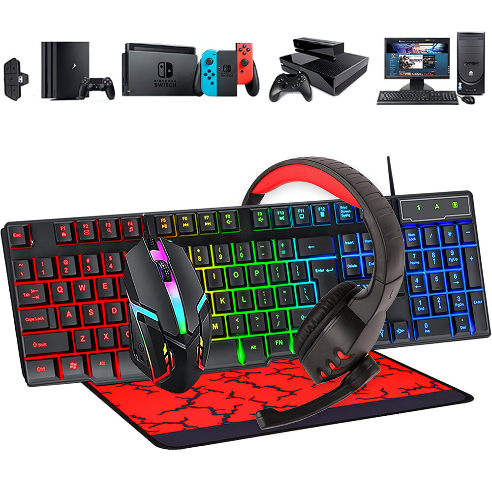 Проводная игровая клавиатура с RGB-подсветкой, игровая мышь, коврик для игровой мыши, игровая гарнитура — всё в одном комплекте для ПК с Windows, Xbox/PS4