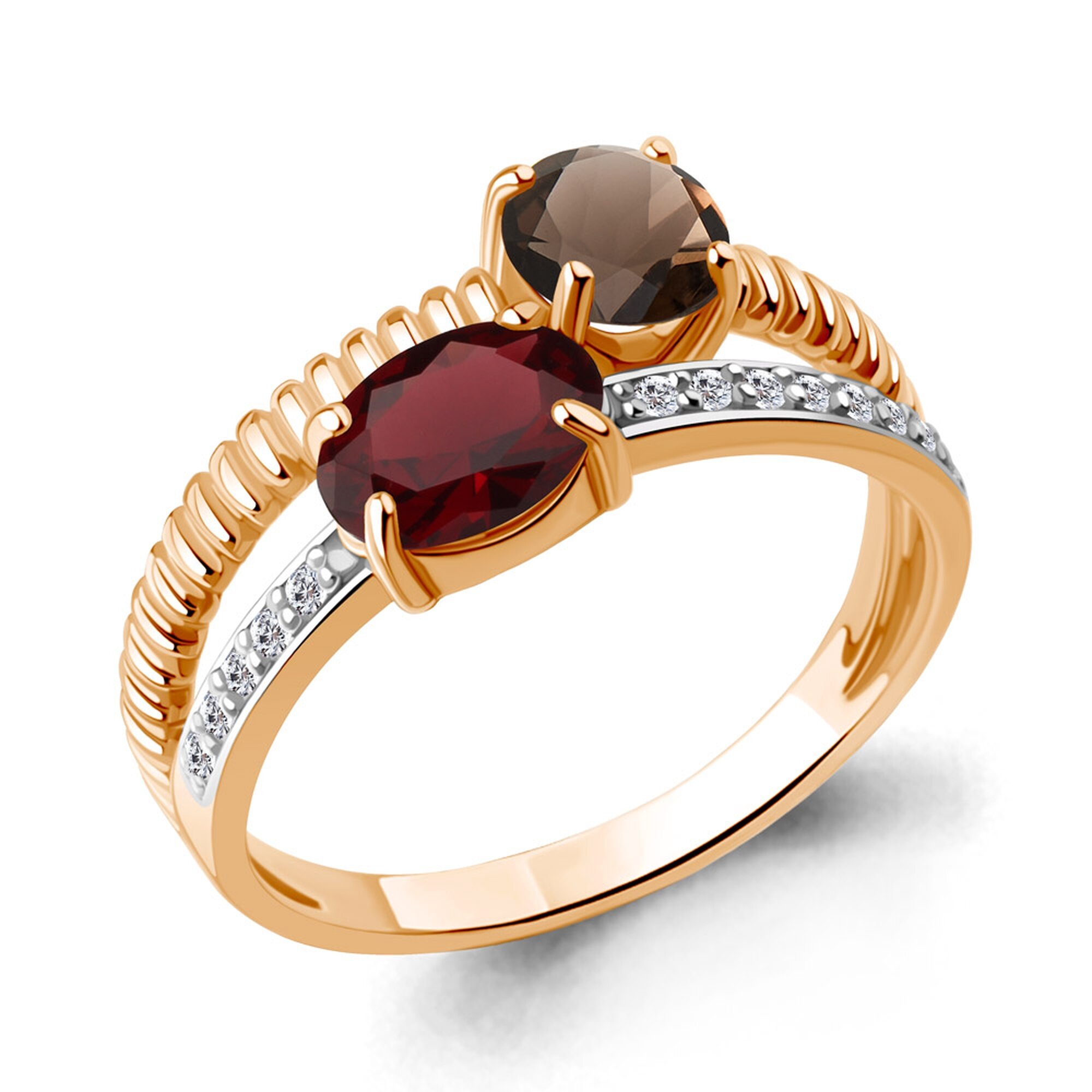 Кольцо, серебро, 925 проба, золочение, кварц, фианит, гранат