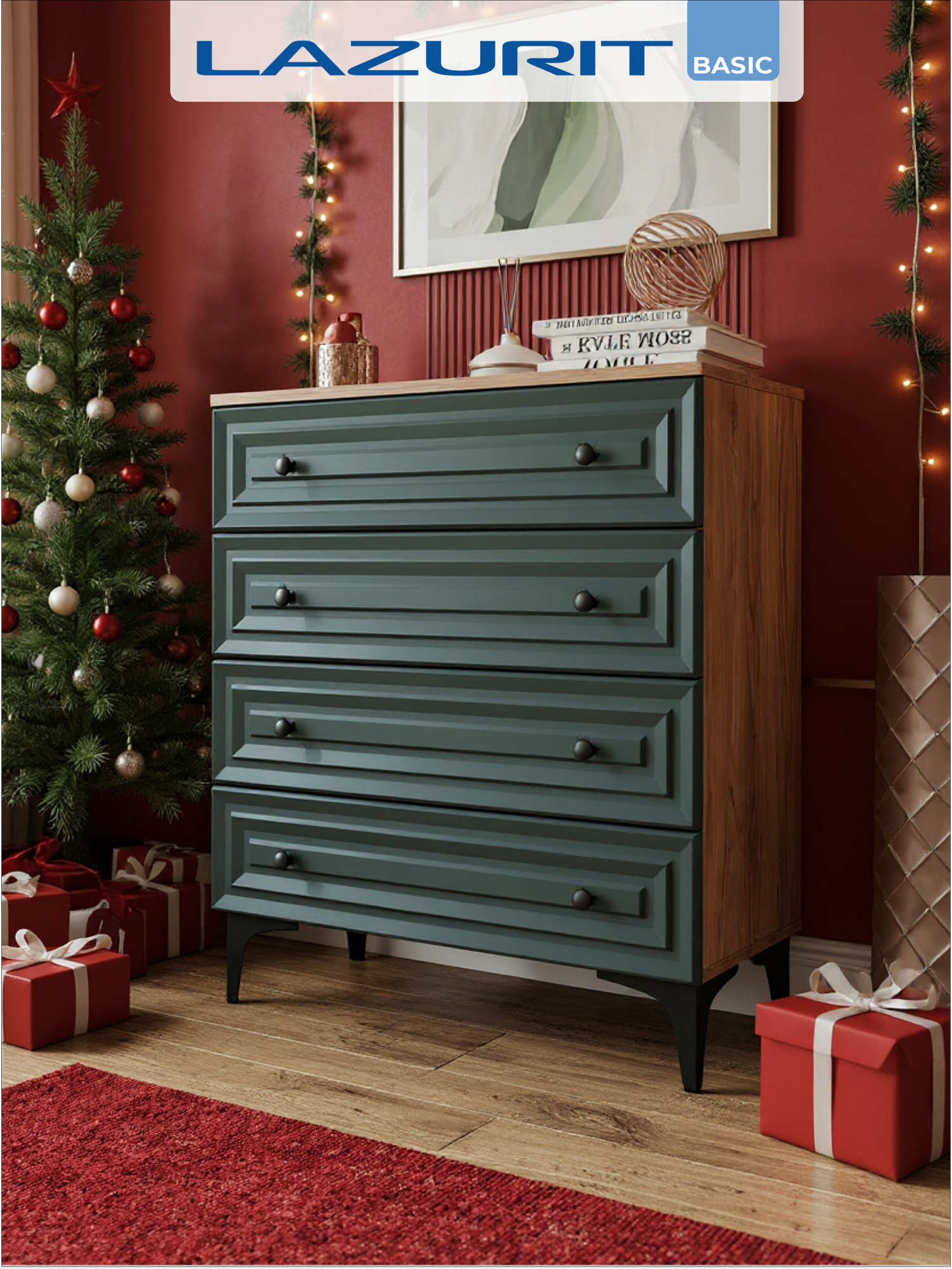 Комод для одежды большой с ящиками зеленый Lazurit Artnuvo под телевизор на ножках высокий узкий ретро 75х87 в прихожую