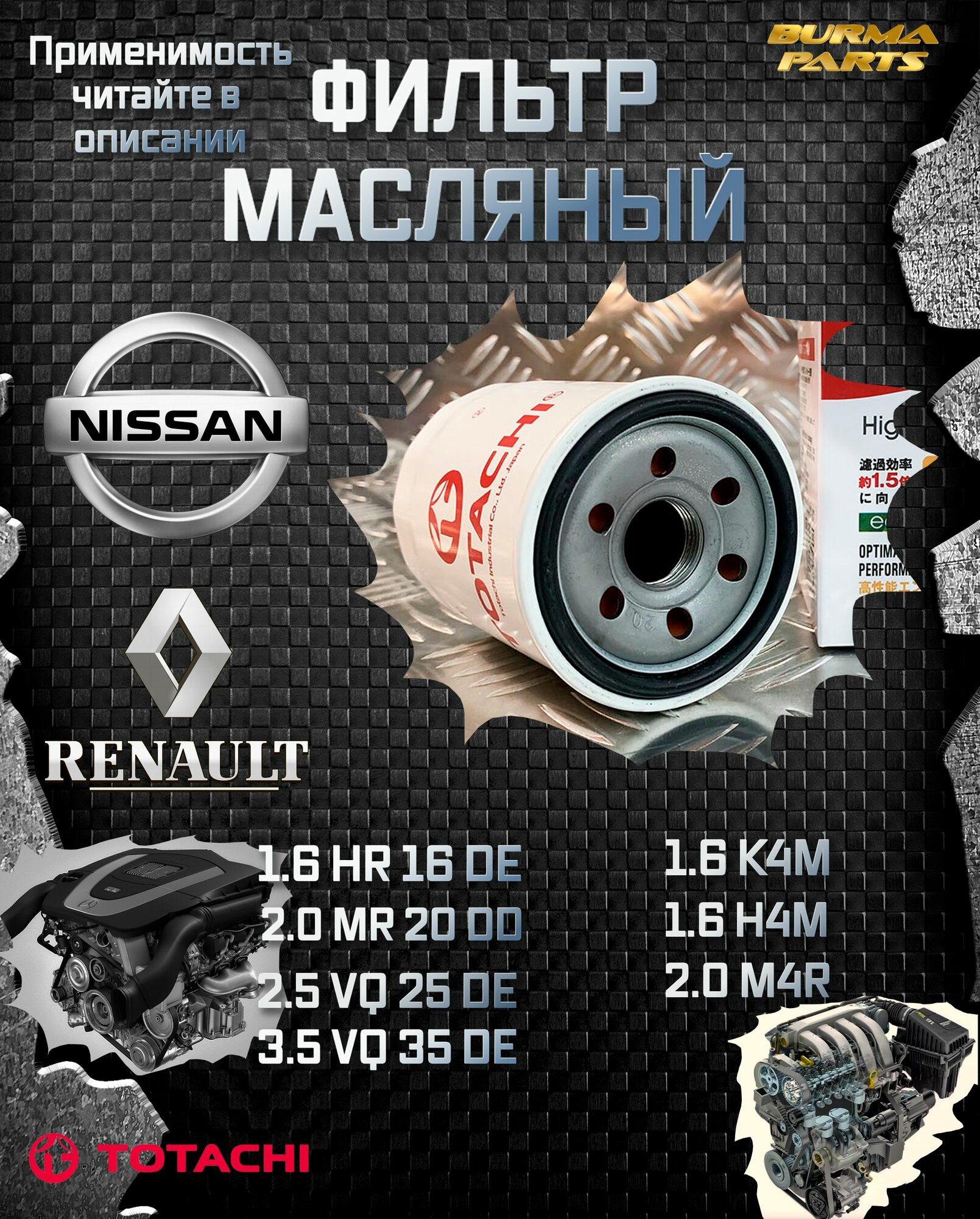 Фильтр масляный Ниссан / Nissan X-TRAIL T31, T32 Qashqai J10, J11 Juke, Murano, Note, Primera,/ ниссан Жук Мурано Ноут Примьера Икс Трейл Кашкай TOTACHI TC-1048 OEM 15208-31U0A