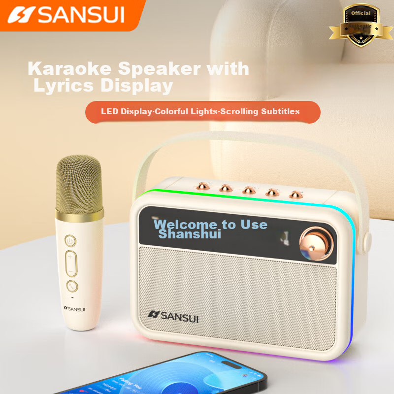 Комплект караоке SANSUI V3 Single Microphone из портитивной колонки и микрофона, beige