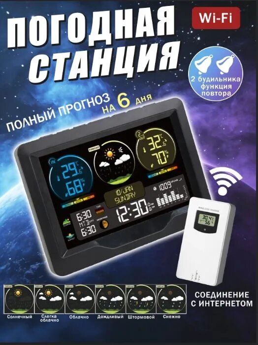 Многозонная метеостанция с беспроводным выносным датчиком, гигрометр, барометр