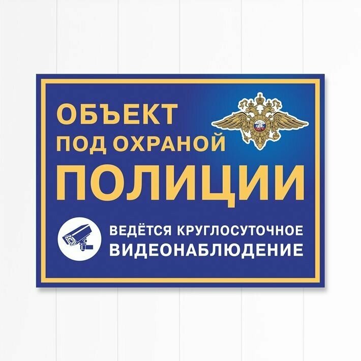 Табличка "Объект под охраной полиции. Ведется круглосуточное видеонаблюдение", 33х25 см, ПВХ