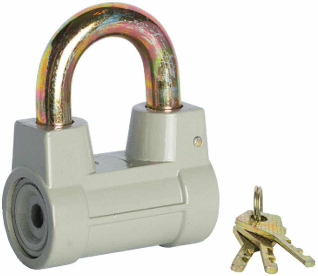 Навесной замок из алюминиевого сплава, 60 мм, с дисковым механизмом. Запирается при помощи финского ключа, вешается на дверь гаража, подсобного помещения или сарая.