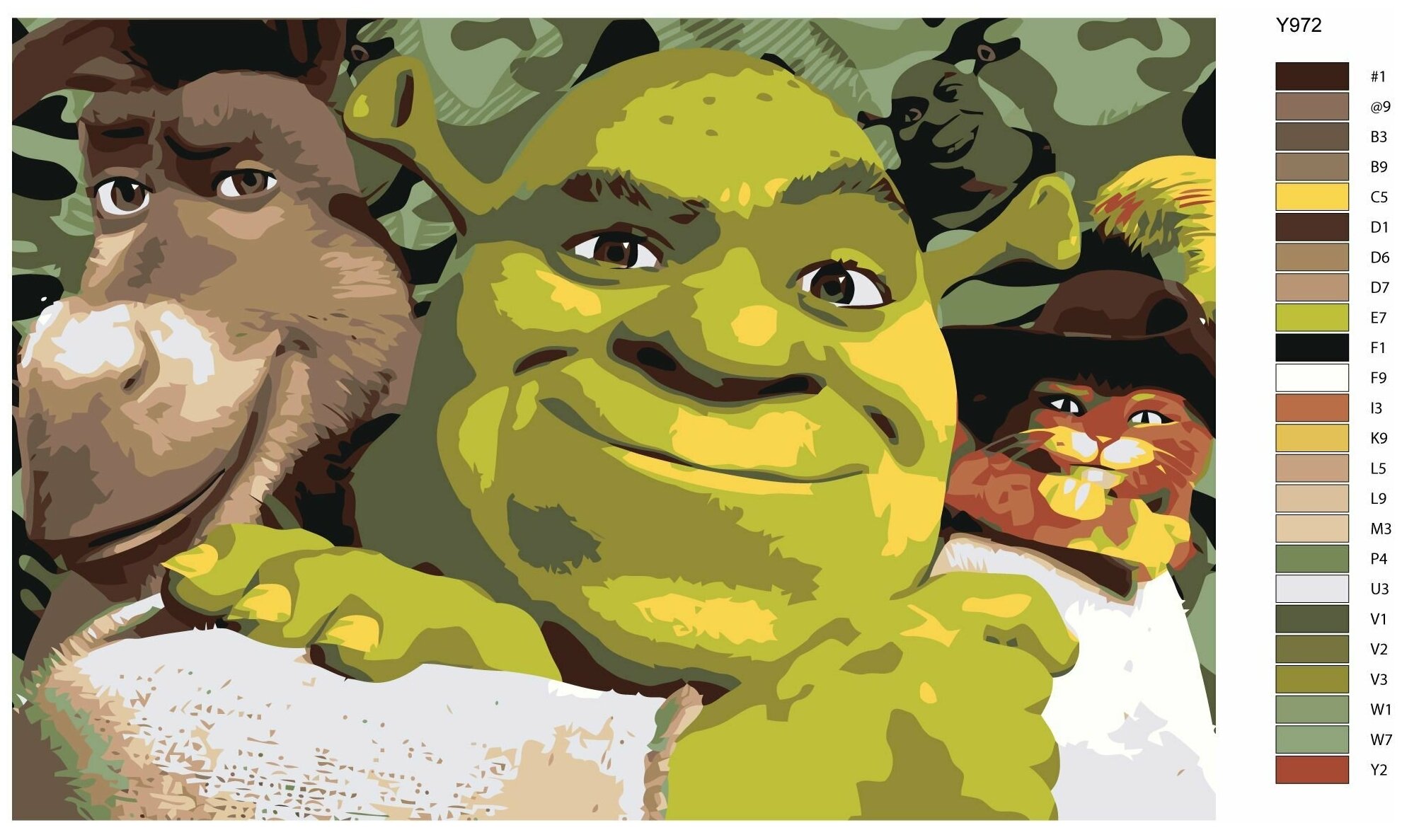 Картина по номерам Y-972 "Шрек, Осел и Кот в сапогах. Мультфильм" 50x70