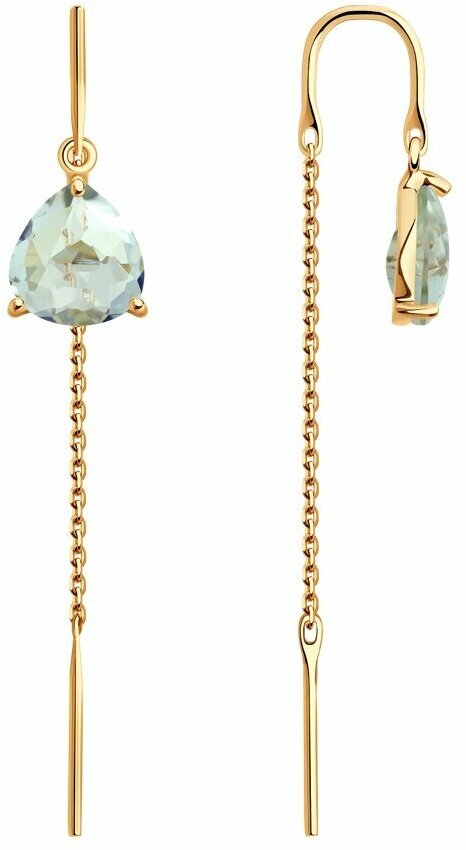 Серьги цепочки, красное золото, 585 проба, празиолит
