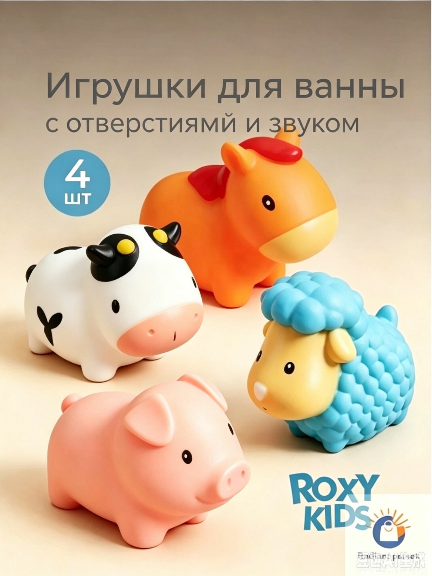 Набор для купания малышей премиумсерии Моя ферма ROXYKIDS, 4 эксклюзивные звуковые игрушки с отверстиями