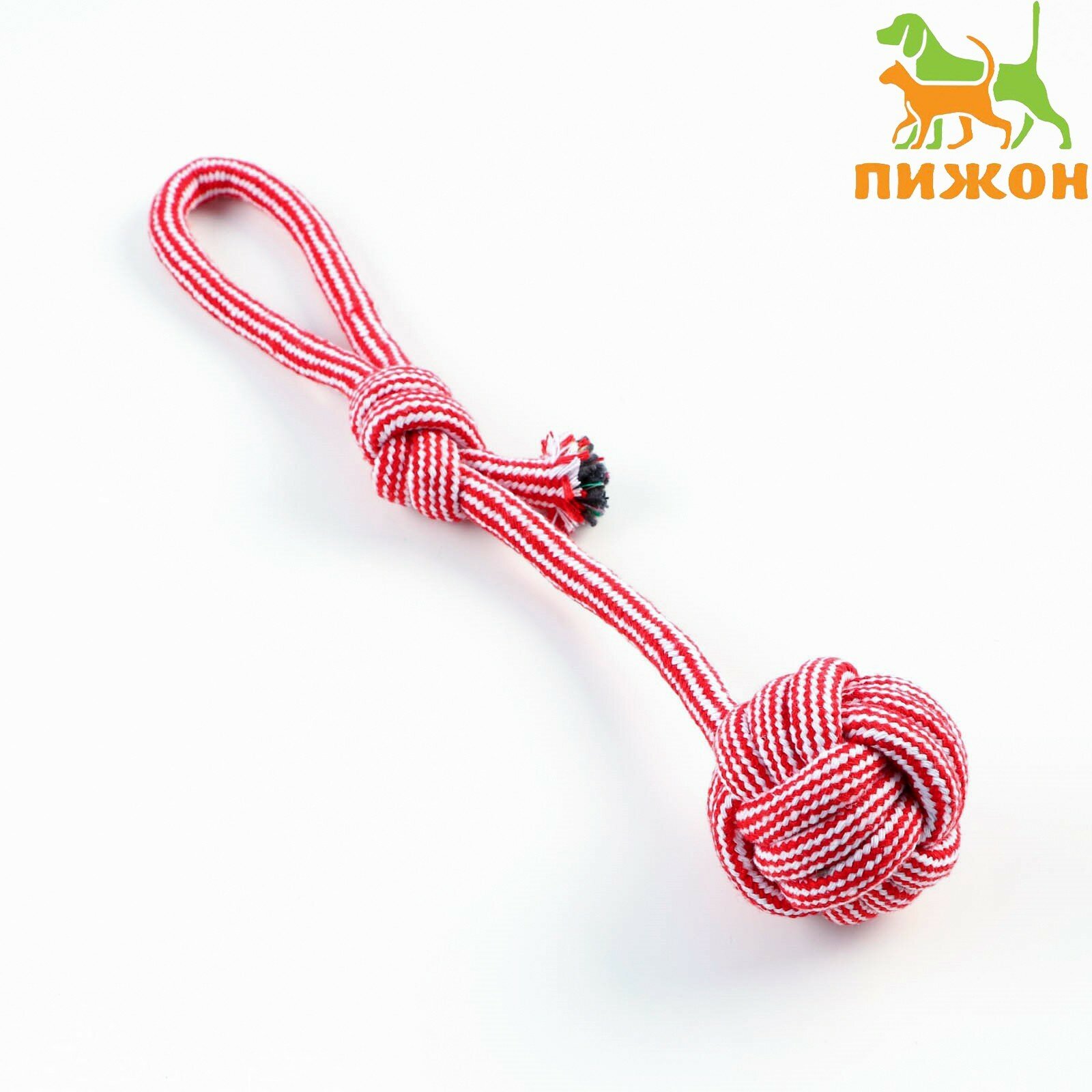 Игрушка-дразнилка для собак с шариком из каната, до 85 г, до 38 см, красная/белая