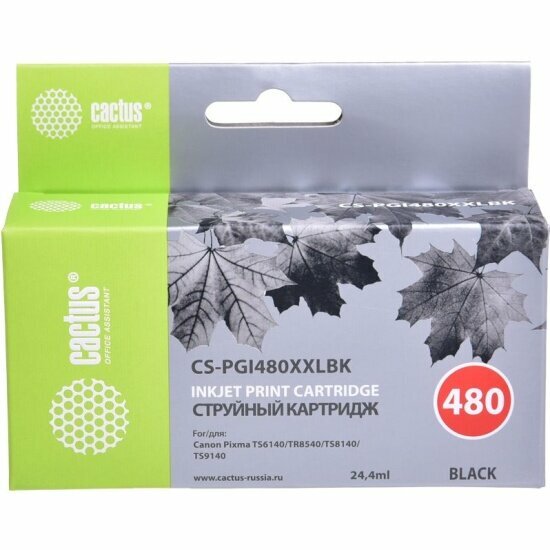 Струйный картридж Cactus CS-PGI480XXLBK PGI-480XLBK черный пигментный (24.4мл) для Canon Pixma TR7540, Pixma TS6140, Pixma TS9140, Pixma TR8540, Pixma TS8140, Pixma TS8240, Pixma TS9540, Pixma TS6240, Pixma TS9541C