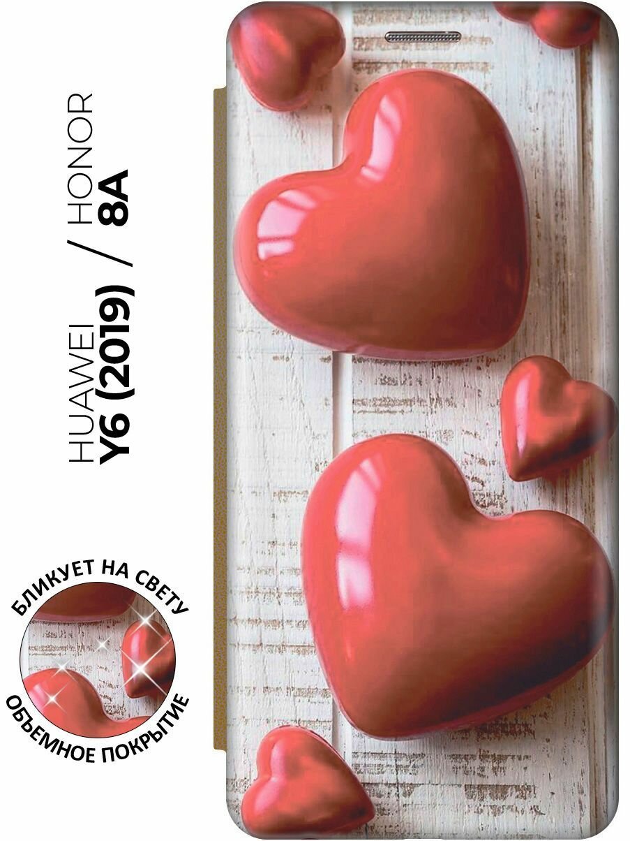 Чехол-книжка Сердечки на белом столе на Honor 8A / 8A Pro / Huawei Y6 (2019) / Y6 Prime (2019) / Хуавей Хонор 8а / 8а Про с эффектом блика золотой