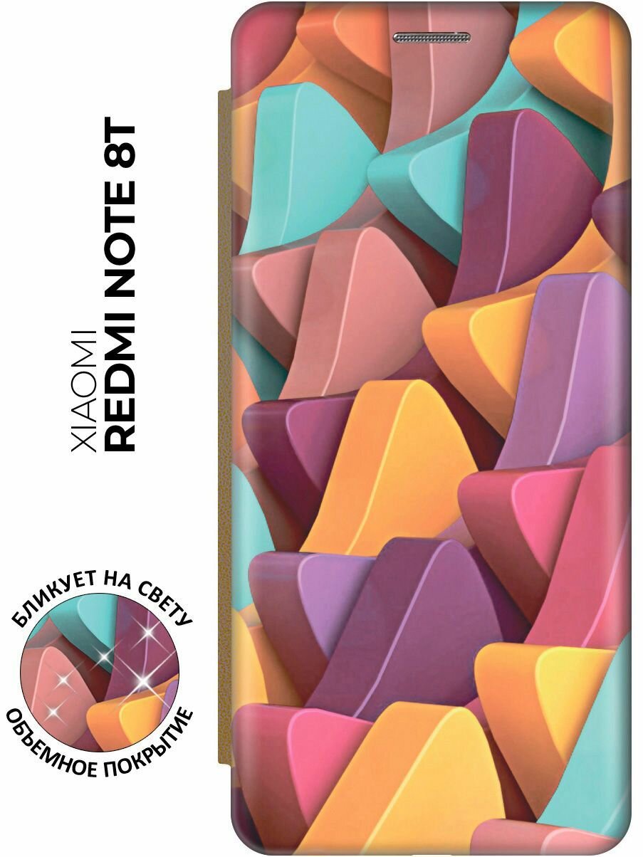 Чехол-книжка Желто-розовые фигуры на Xiaomi Redmi Note 8T / Сяоми Редми Ноут 8Т с эффектом блика золотой