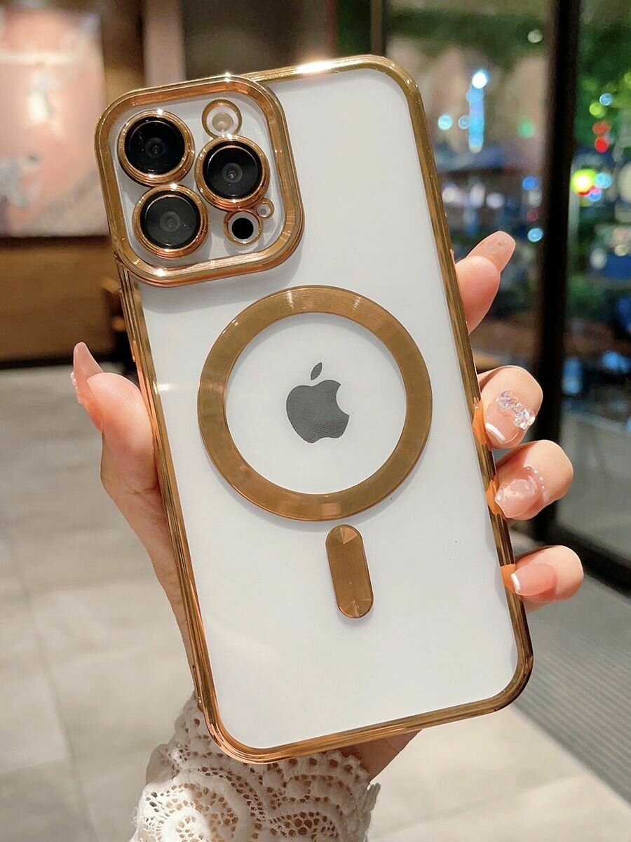 Противоударный чехол на iPhone 15 Pro (айфон 15 про) с защитой камеры и поддержкой беспроводной зарядки MagSafe, золотой
