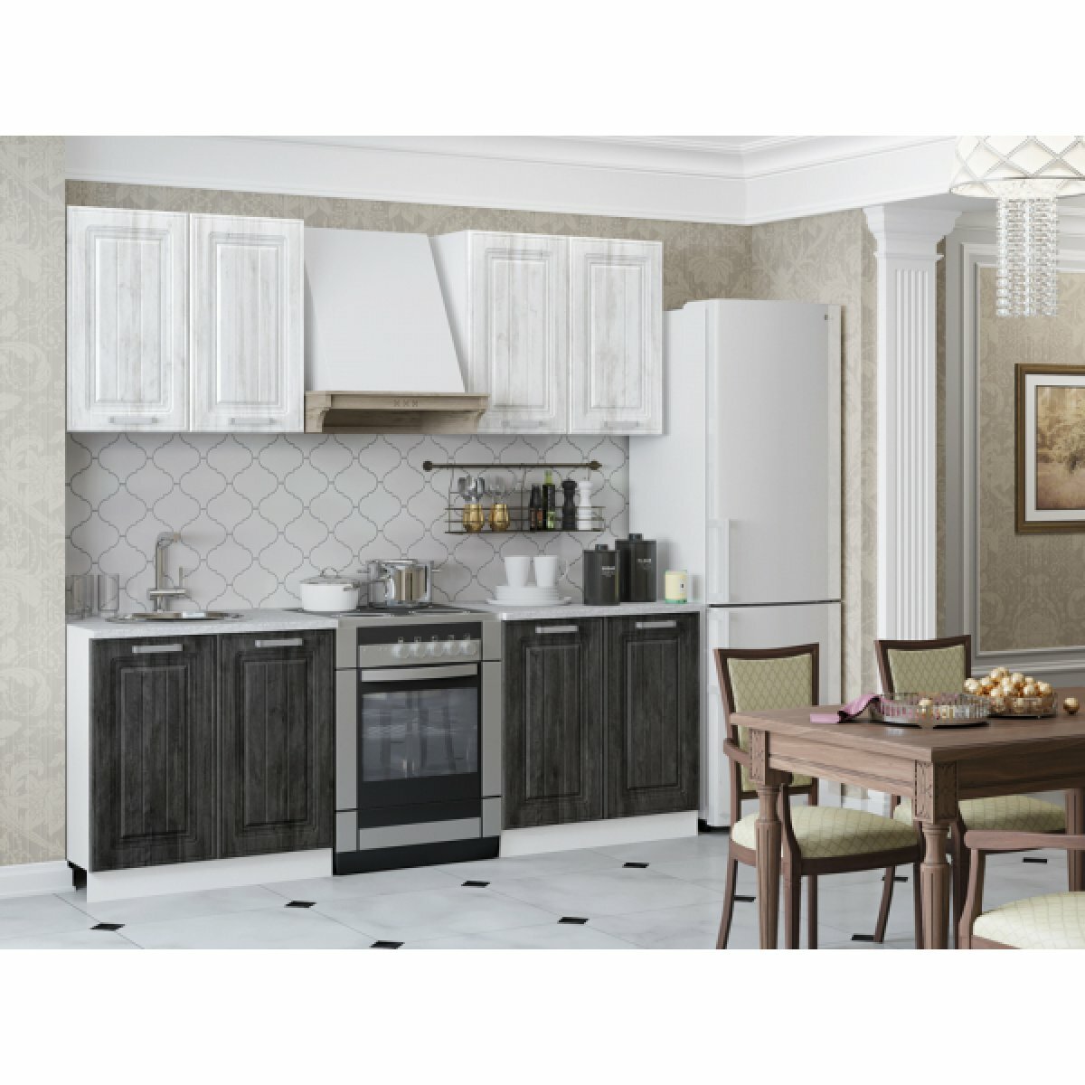 Кухня " Греция " 1,6 метра цвет фасадов Санторини белый / Санторини чёрный , ЛДСП, МДФ