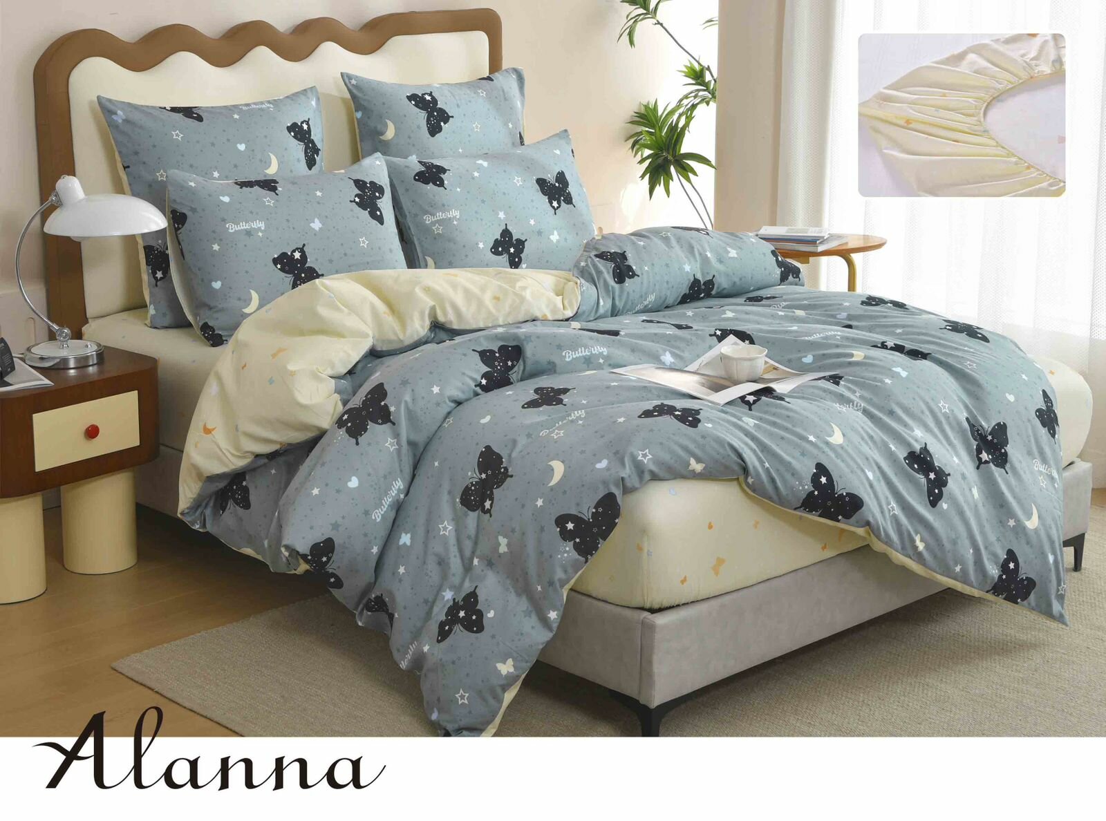 Комплект Постельного Белья Аланна Бабочки / Евро / простыня 180x200 / пододеяльник 200x220 / Наволочки 50x70-2, 70x70-2