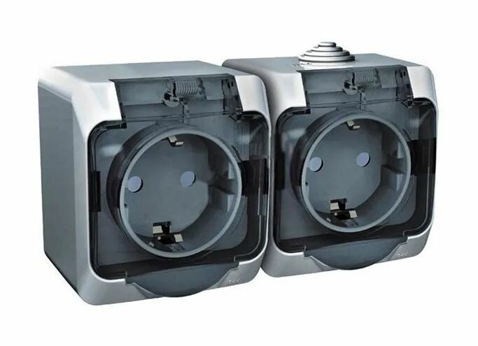 Этюд Розетка двойная наружная с заземлением со шторками IP44 серая (PA16-244C