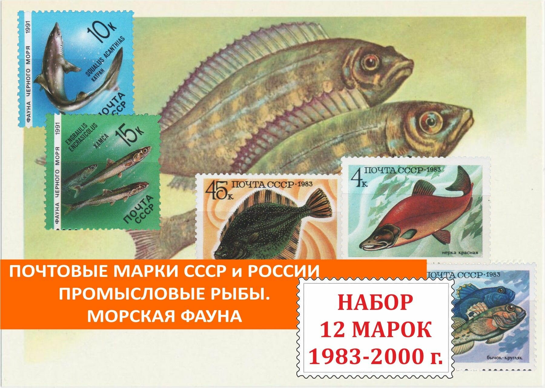 Почтовые марки СССР и России. Промысловые рыбы. Морская фауна. Набор 12 марок 1983-2000 годов выпуска.