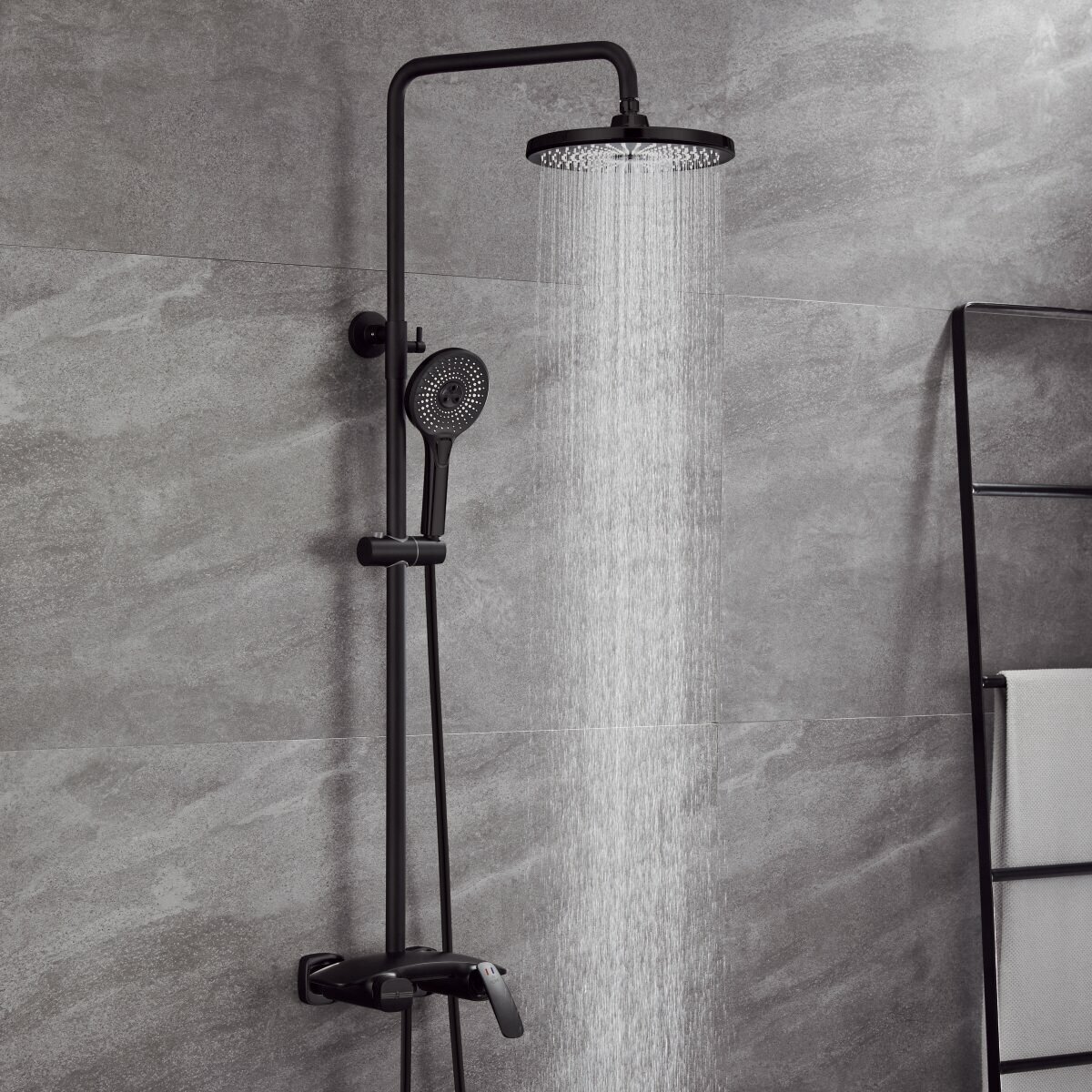 Душевая система Rose с верхним тропическим душем и ручной лейкой, черная