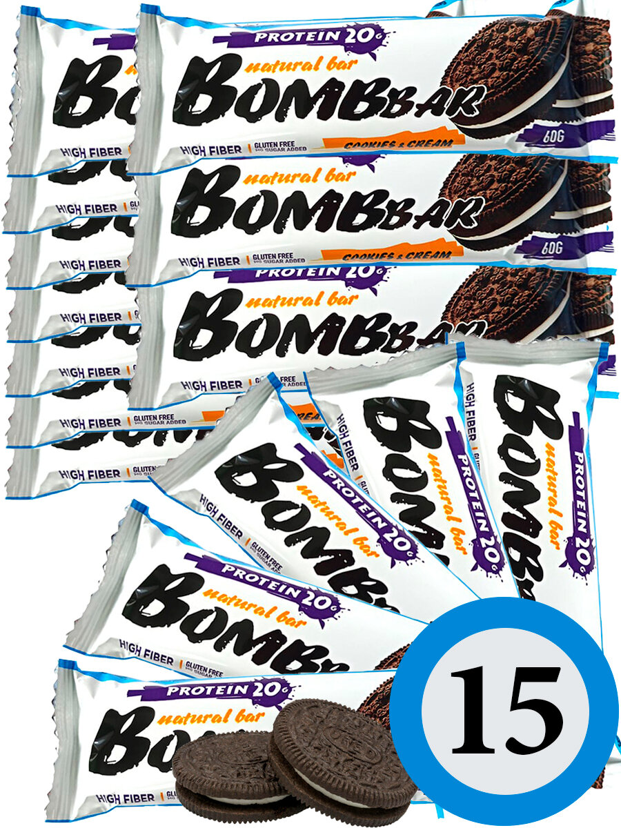 Протеиновый батончик BombBar Protein Bar 15 x 60 г, Печенье с кремом